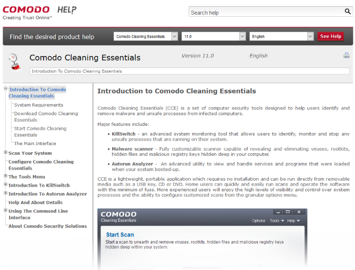 Comodo Cleaning Essentials v.11.0 – Help And About Details | About KillSwitch
